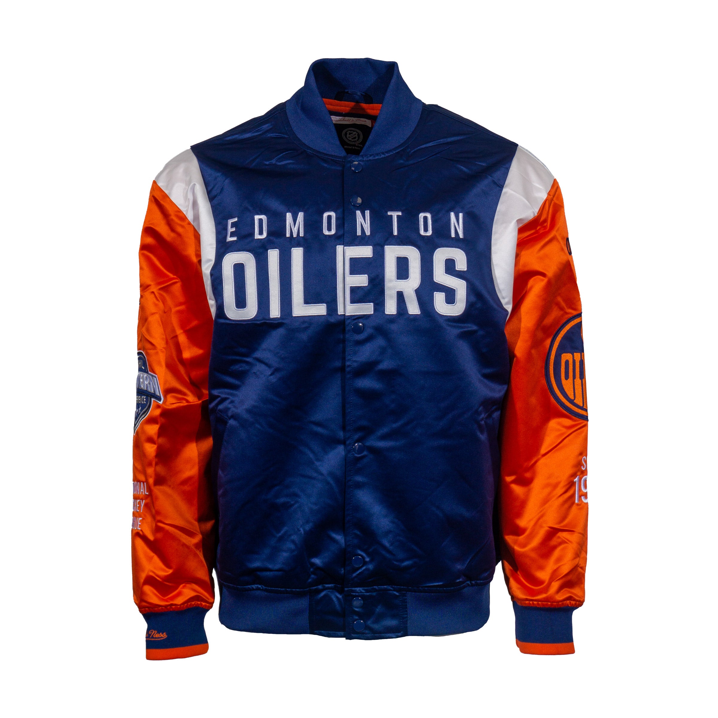 Edmonton Oilers Mitchell & Ness Navy Satin Bomber Jacket – ICE District ...