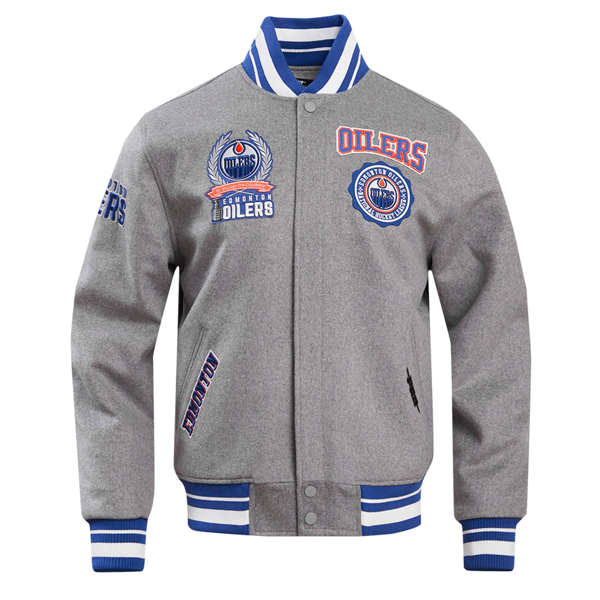 Edmonton Oilers Pro Standard Crest Emblem Heather Grey Wool Varsity Ja ...