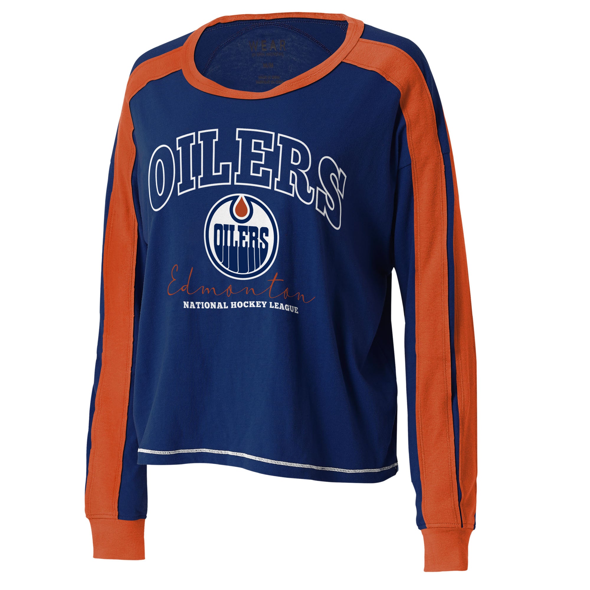 Edmonton Oilers Women's WEAR by Erin Andrews Navy Colorblock Raglan Lo ...