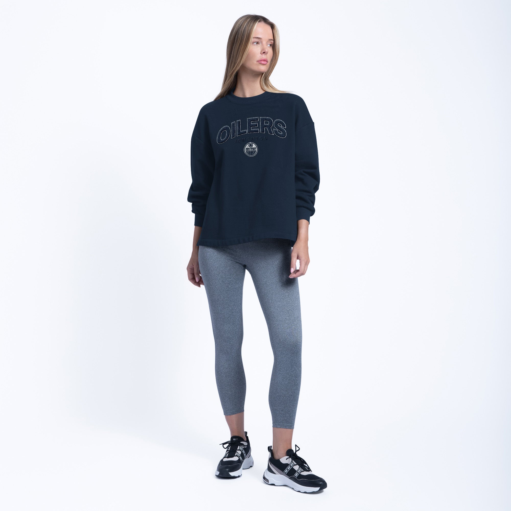 Edmonton Oilers Women's DKNY Oversized Cropped Logan Navy Crewneck Swe ...