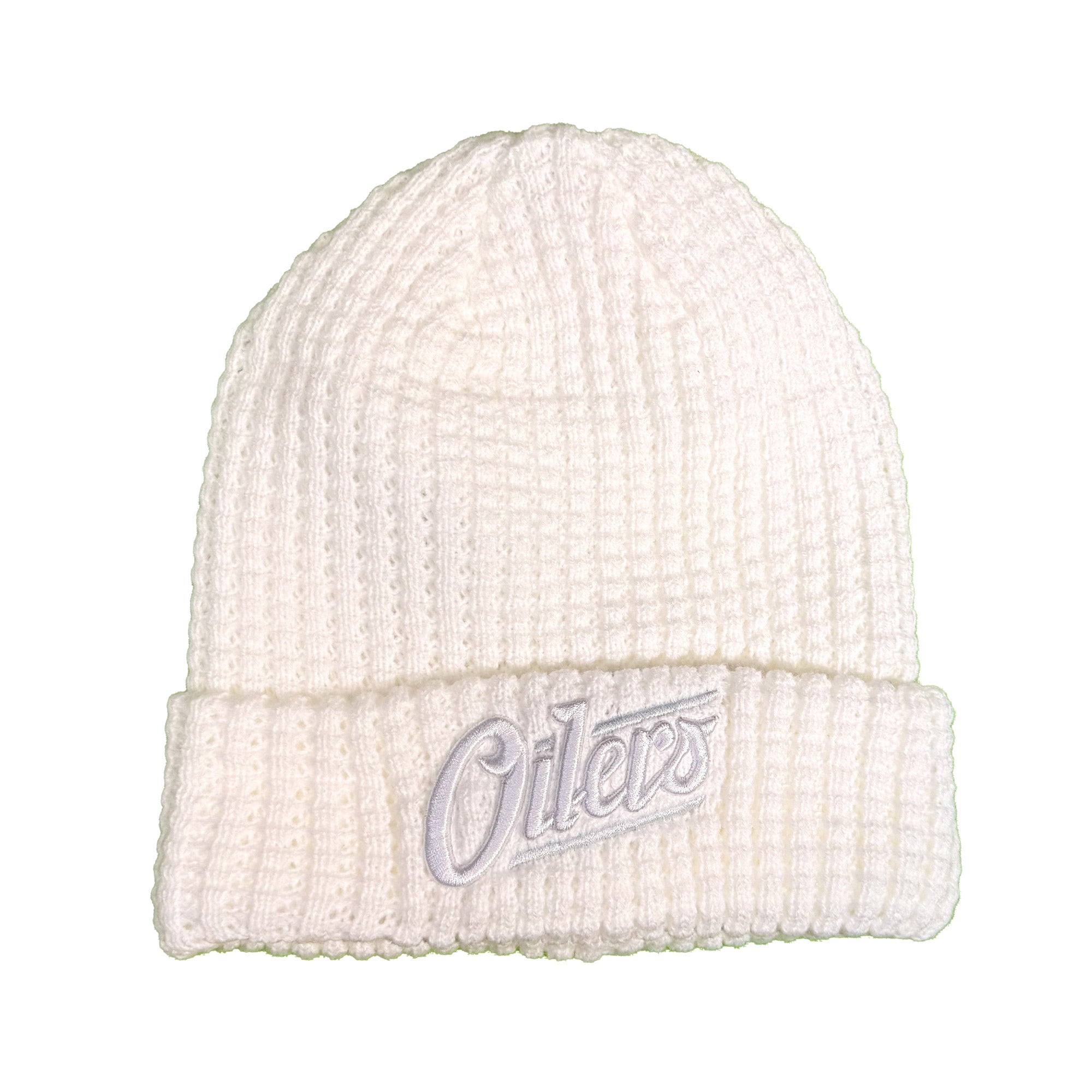 Edmonton Oilers Women's New Era White Alternate Logo Waffle Cuffed Kni ...
