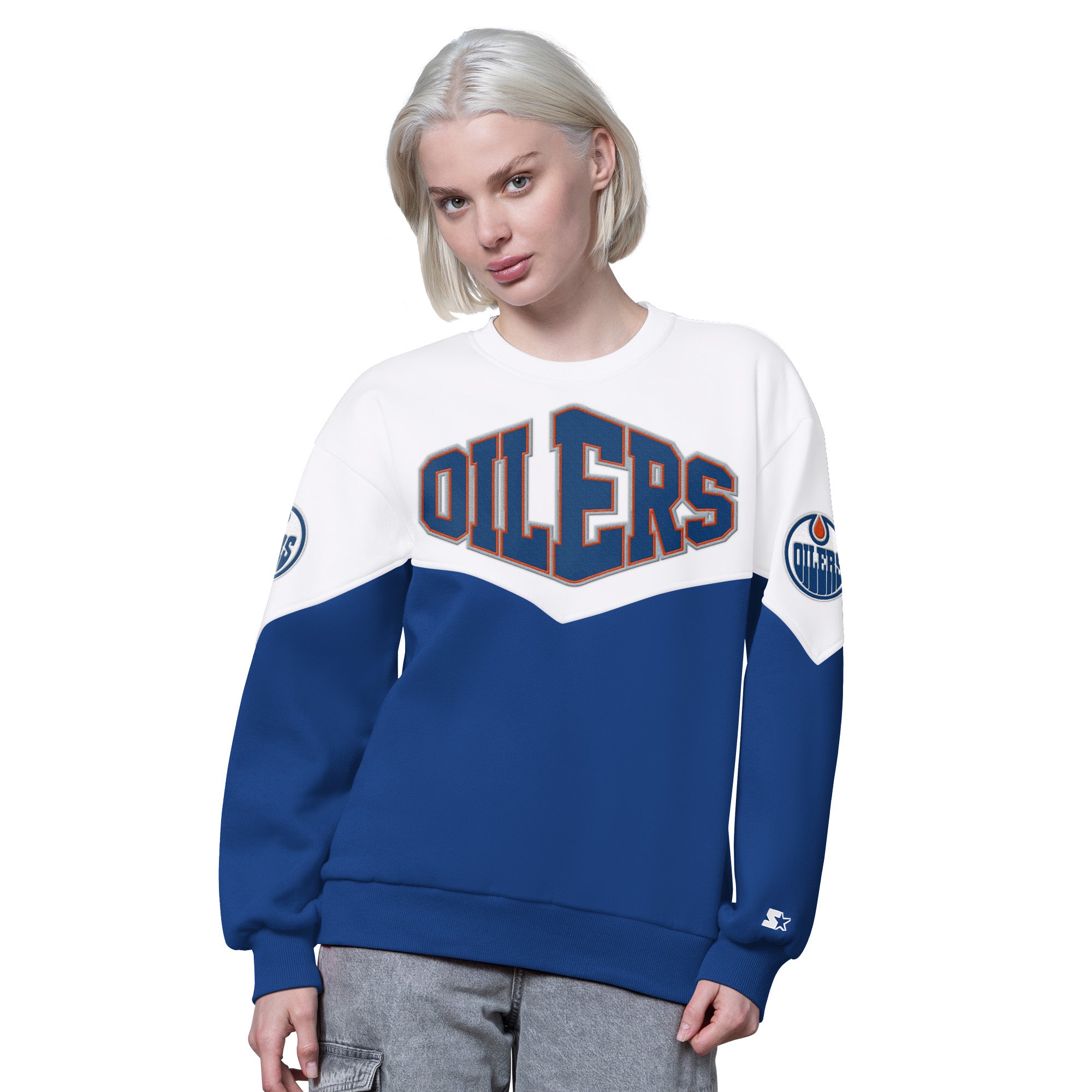 Edmonton Oilers Women's Starter Blue & White Clutch Hit Crewneck Sweat ...